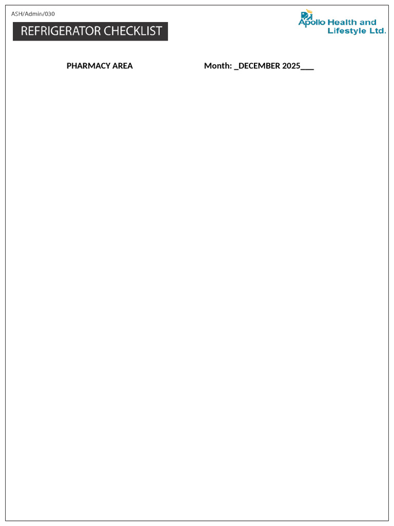 Refrigerator Checklist PHARMACY AREA | PDF