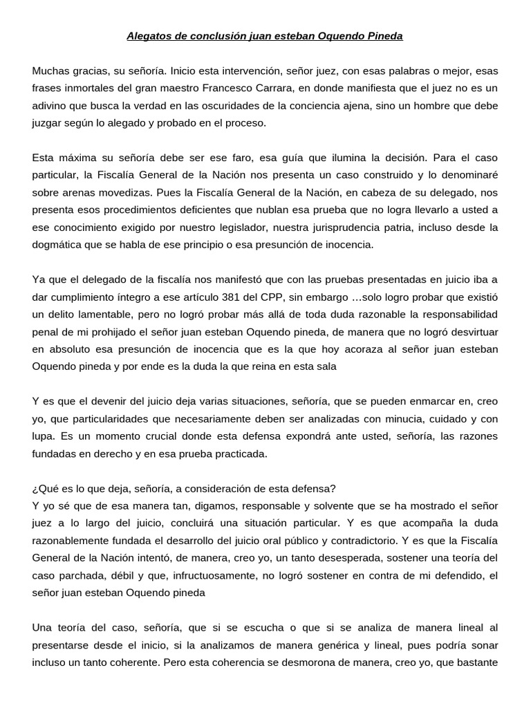 Alegatos de Conclusión Juan Esteban Oquendo | PDF | Testigo | Testimonio