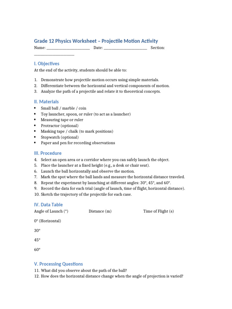 Projectile Motion Worksheet | PDF