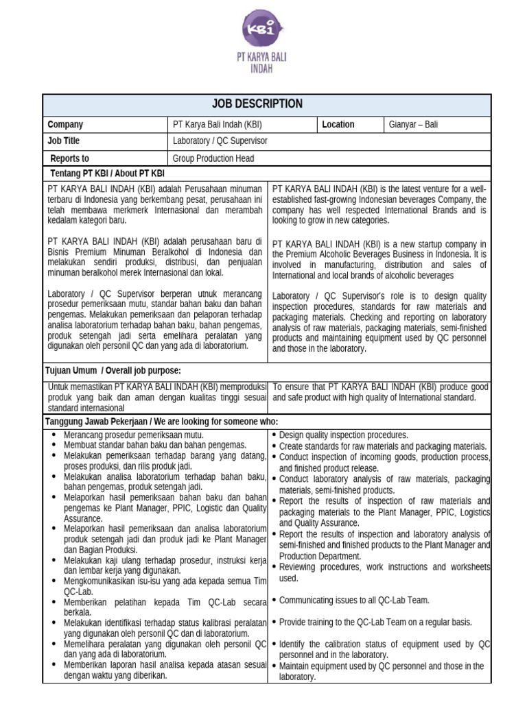 JD - Laboratory QC Supervisor | PDF