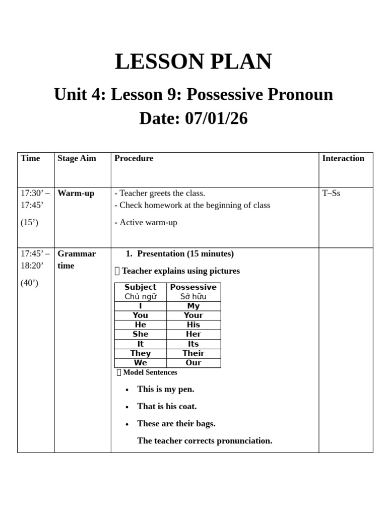 Lesson Plan UP2A Unit 4 (Lesson 9 - Possessive Adjectives) - 07.01 ...