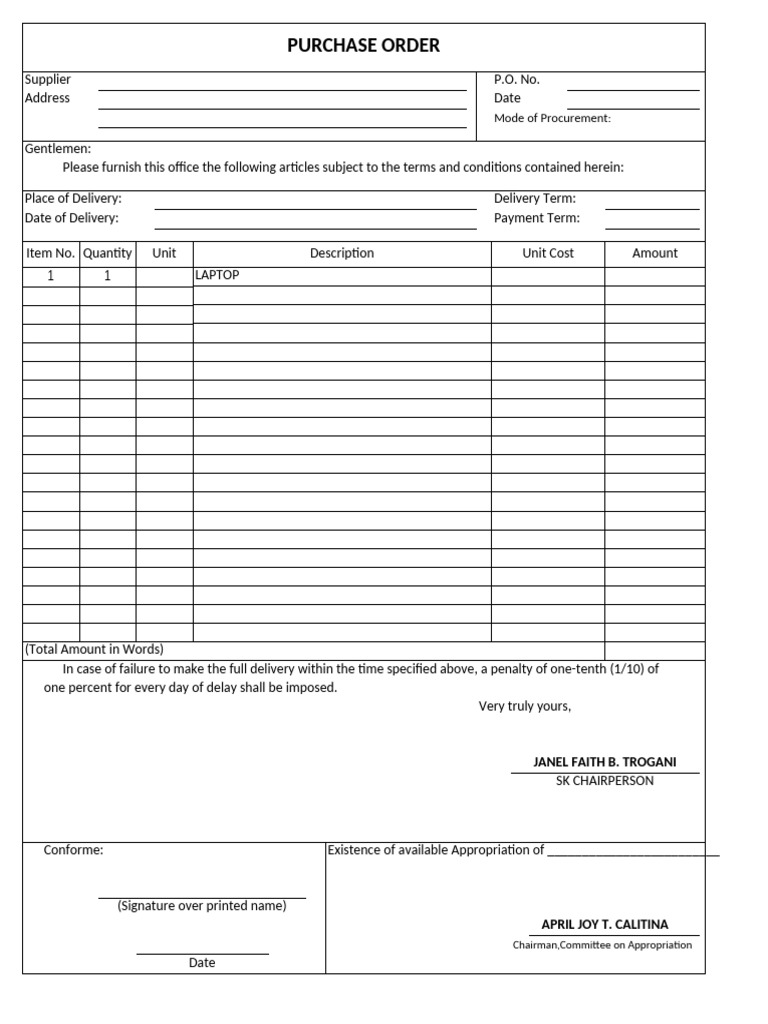 Purchase Order for Laptop Supply | PDF