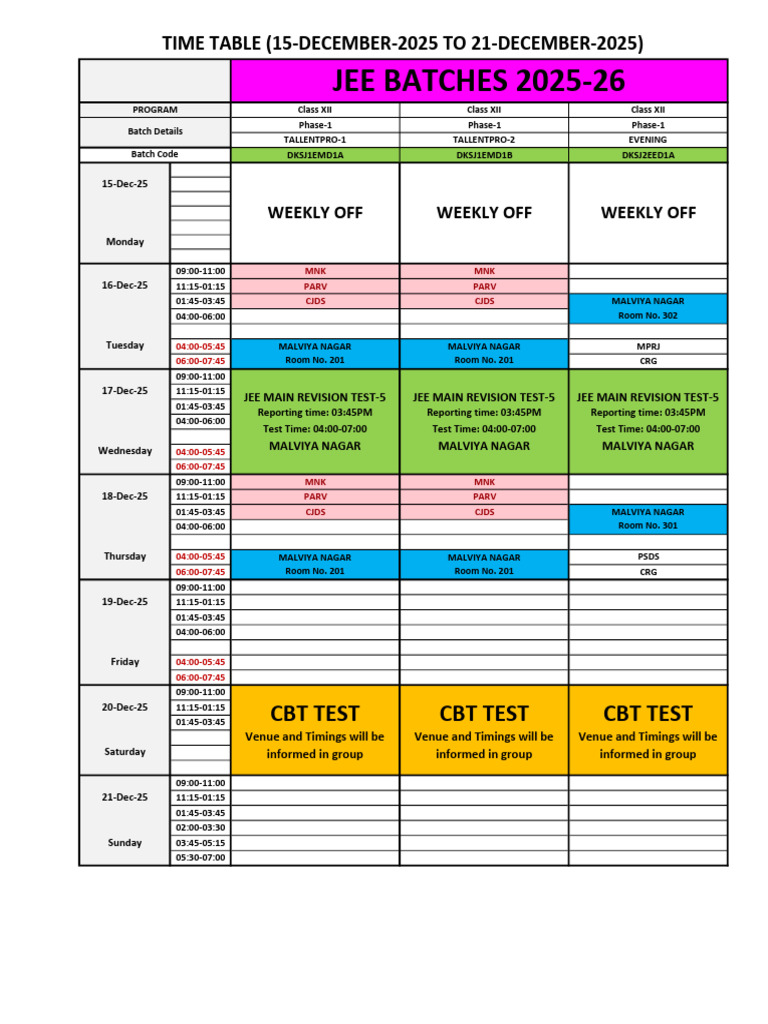 Iit-Jee Time Table (15-21 Dec 2025) | PDF | Standardized Tests ...