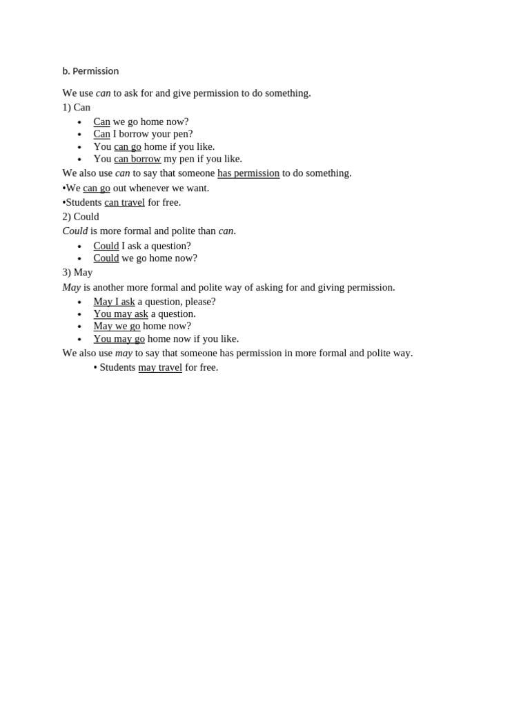 Asking for Permission: Can, Could, May | PDF