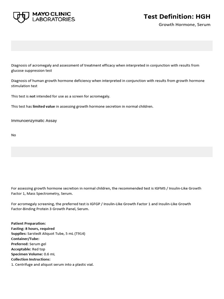 HGH Serum Test Overview and Guidelines | PDF | Growth Hormone | Insulin ...