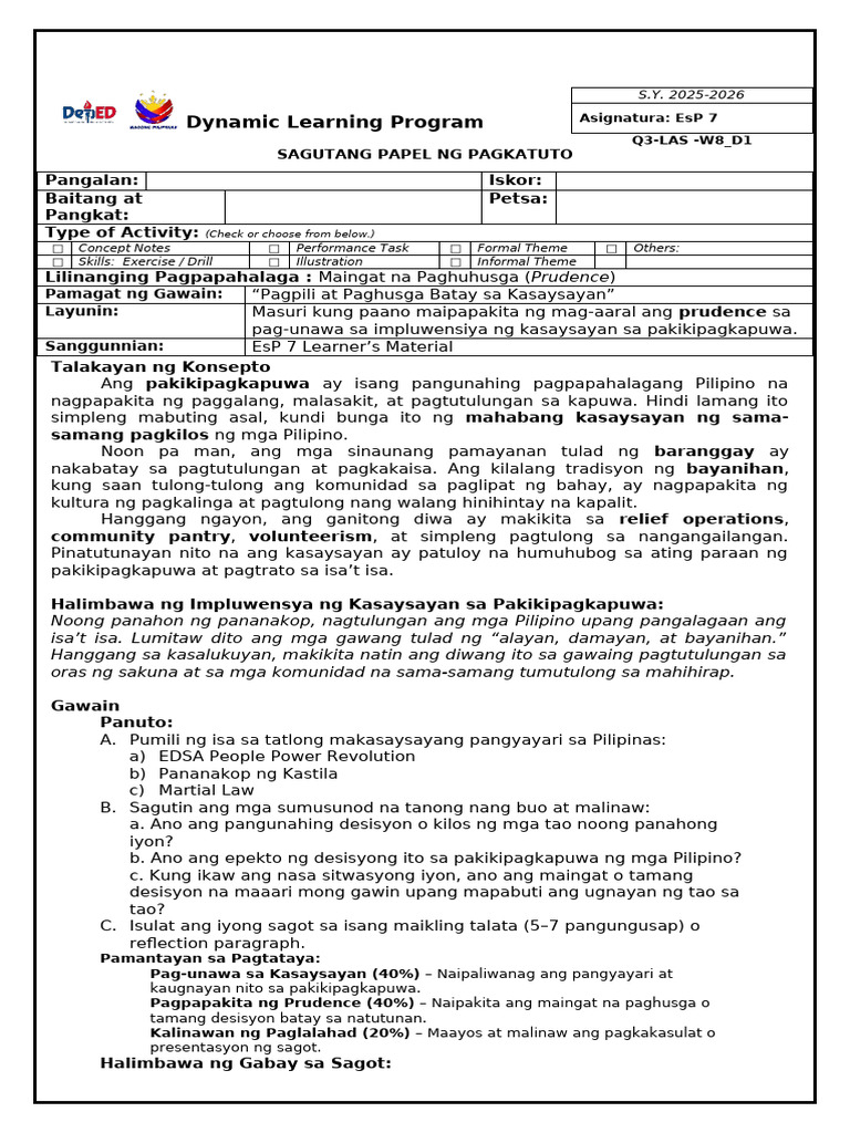 Deped DLP Las Esp 7 q3 Week 8 Day1 | PDF