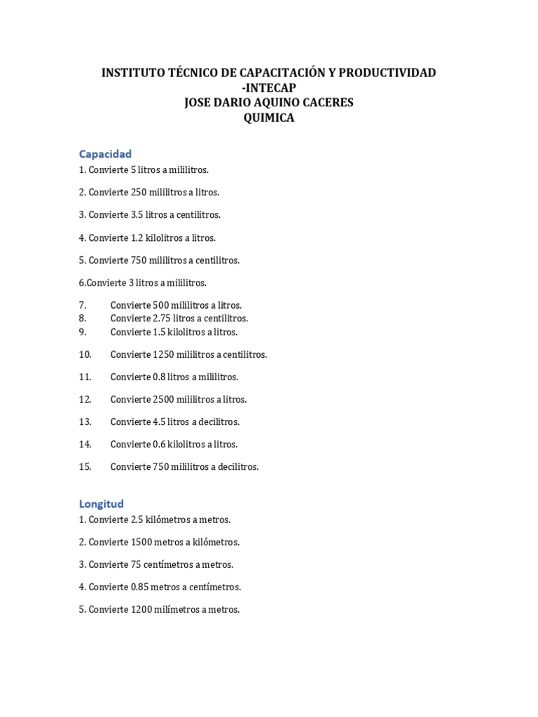 Ejercicios Conversiones Medidas | PDF