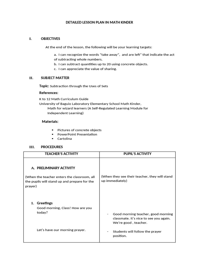 Kindergarten Math Subtraction Lesson Plan | PDF | Lesson Plan | Curriculum