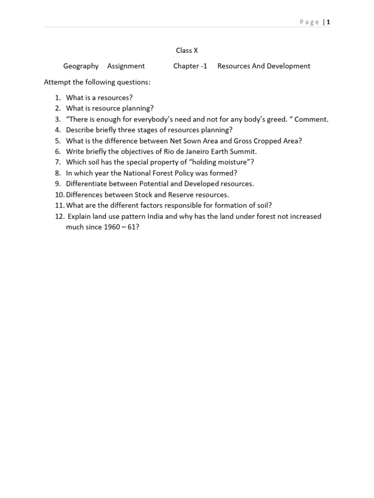 Class X Geography: Resources Assignment | PDF