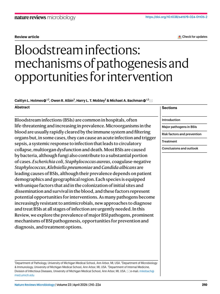 Bloodstream Infections Mechanisms of Pathogenesis and Opportunities For ...