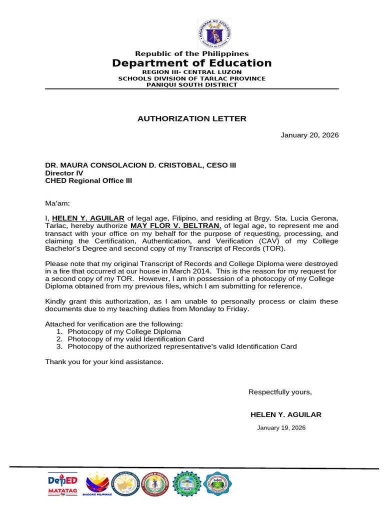 AGUILAR HELEN Authorization Letter | PDF