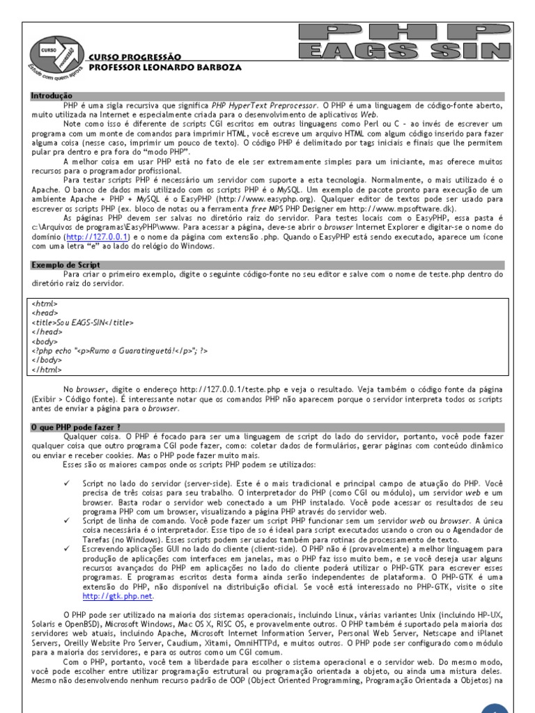Apostila PHP - Eags Sin | PDF | Php | Linguagem de script
