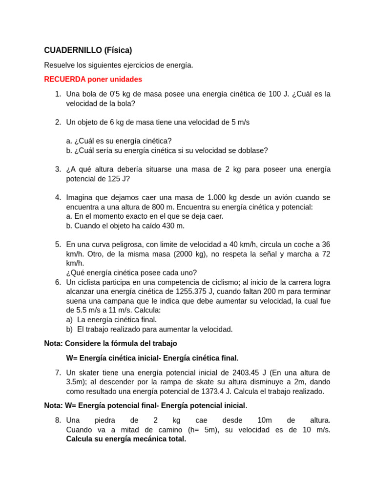 Ejercicios de Energía y Conversiones de Unidades | PDF | Energía ...