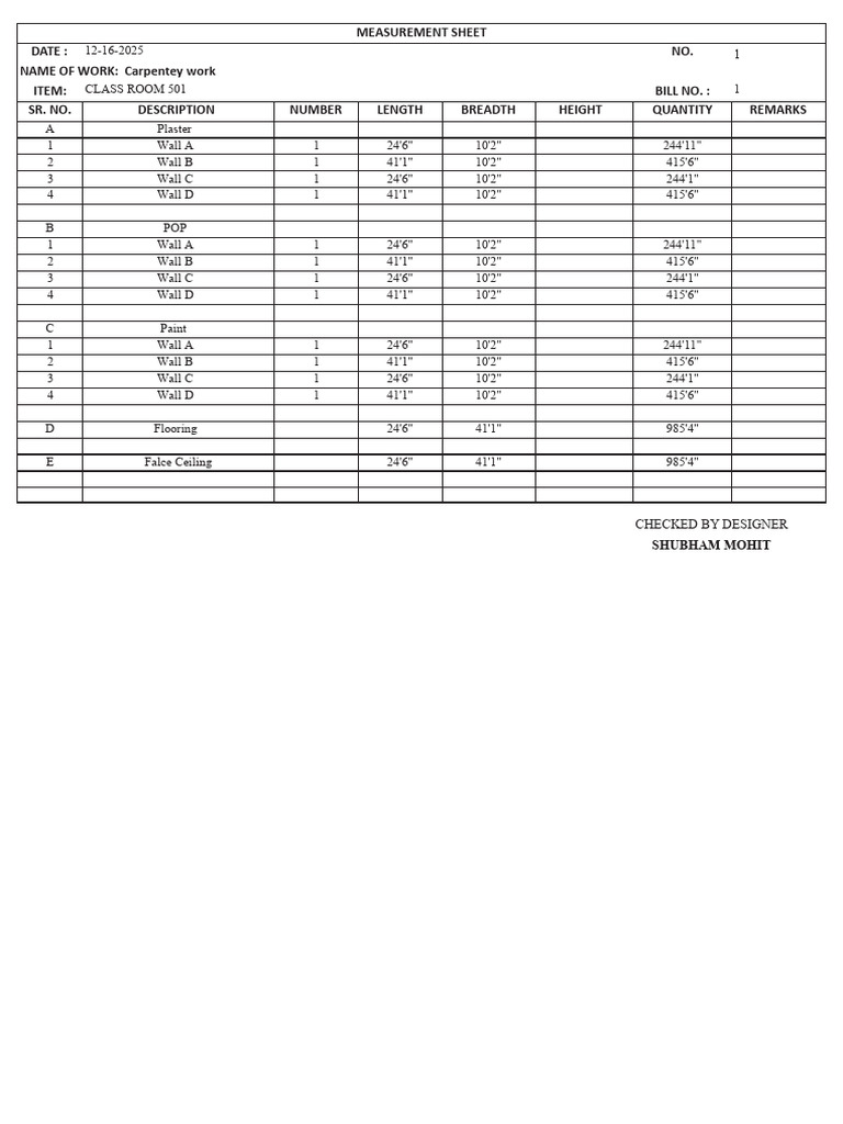 Classroom Measurement Sheet | PDF