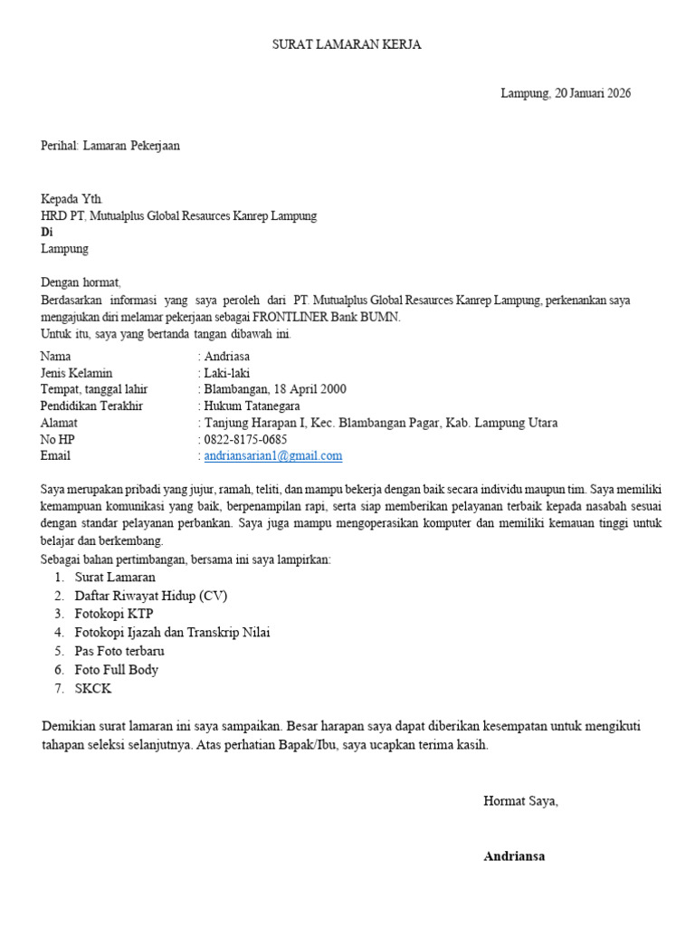 Lamaran Pekerjaan Frontliner Bank BUMN | PDF