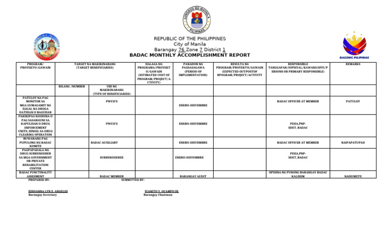 Badac Monthly Accomplisment 2025 Brgy76 | PDF