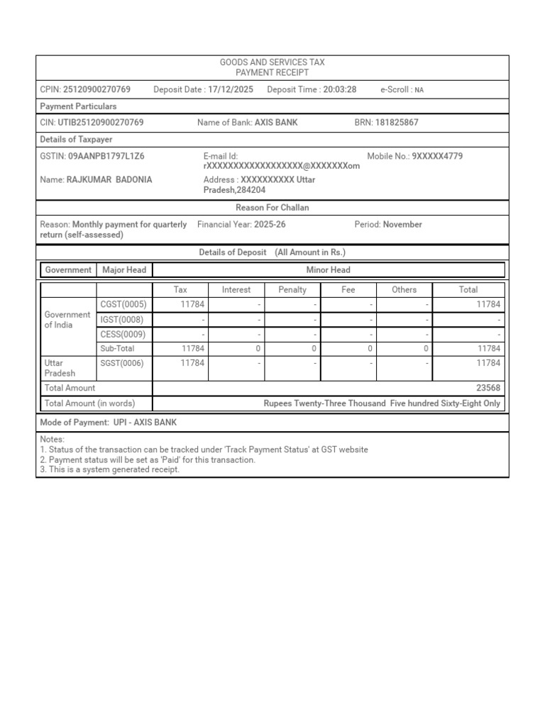 GST Payment Receipt for Rajkumar Badonia | PDF