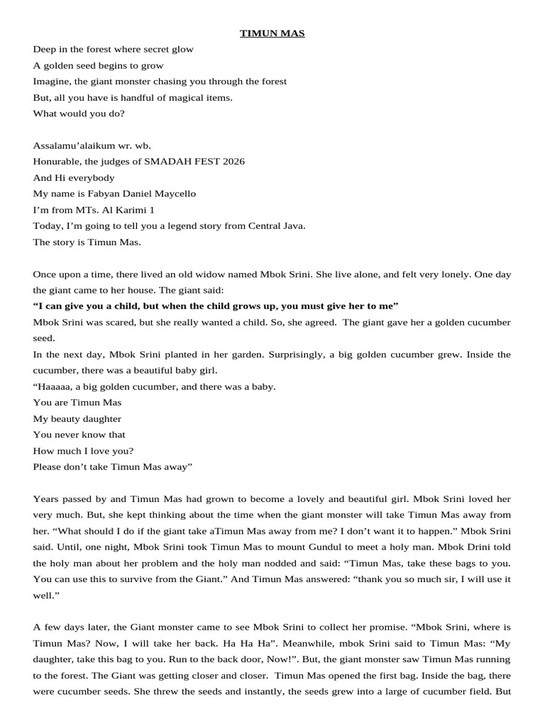 Timun Mas: A Javanese Legend Story | PDF