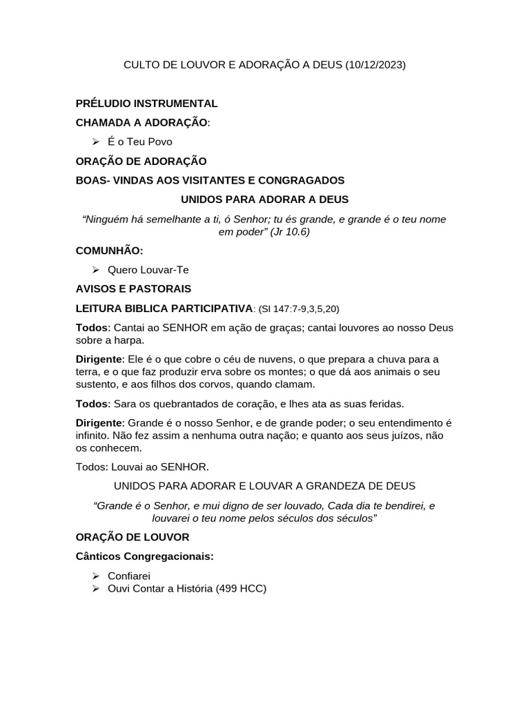 Culto de Louvor e Adoração a Deus 10.12.2023 | PDF