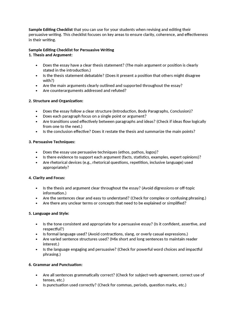 Persuasive Writing Editing Checklist | PDF | Argument | Essays