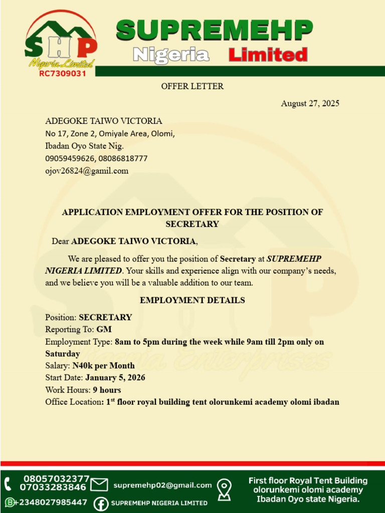 Adegoke Taiwo Victoria Offer Letter | PDF