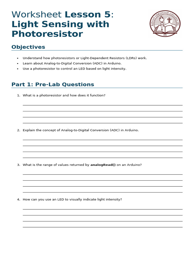 Lesson 5 Light Sensing With Photoresistor | PDF | Arduino | Analog To ...