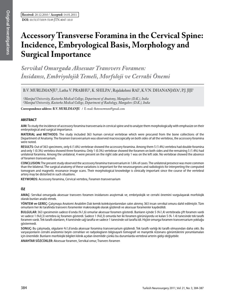 Accessory Transverse Foramina Study | PDF | Vertebra | Musculoskeletal ...