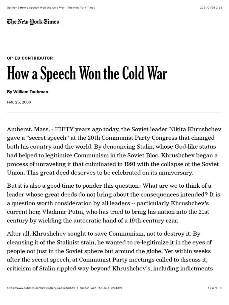 NYT - Howa Speech Won COld War | PDF | Nikita Khrushchev | Joseph Stalin