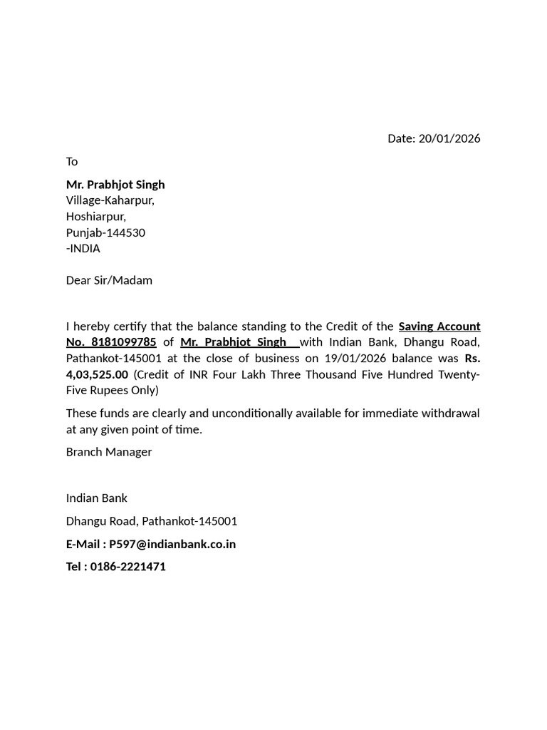 Prabhjot Singh Balance Certificate | PDF