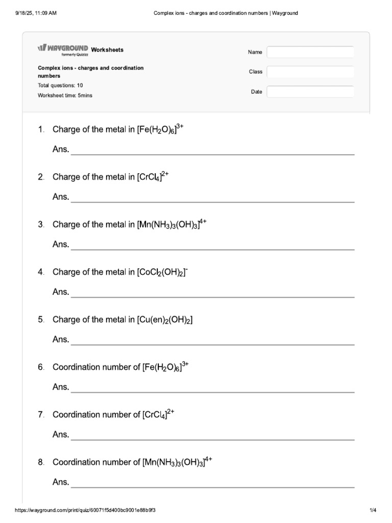 Complex Ions - Charges and Coordination Numbers - Practise Sheet | PDF