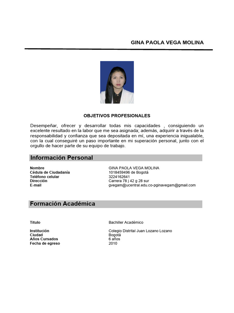 Hoja de Vida Gina Vega.. | PDF | Contabilidad | Bogotá