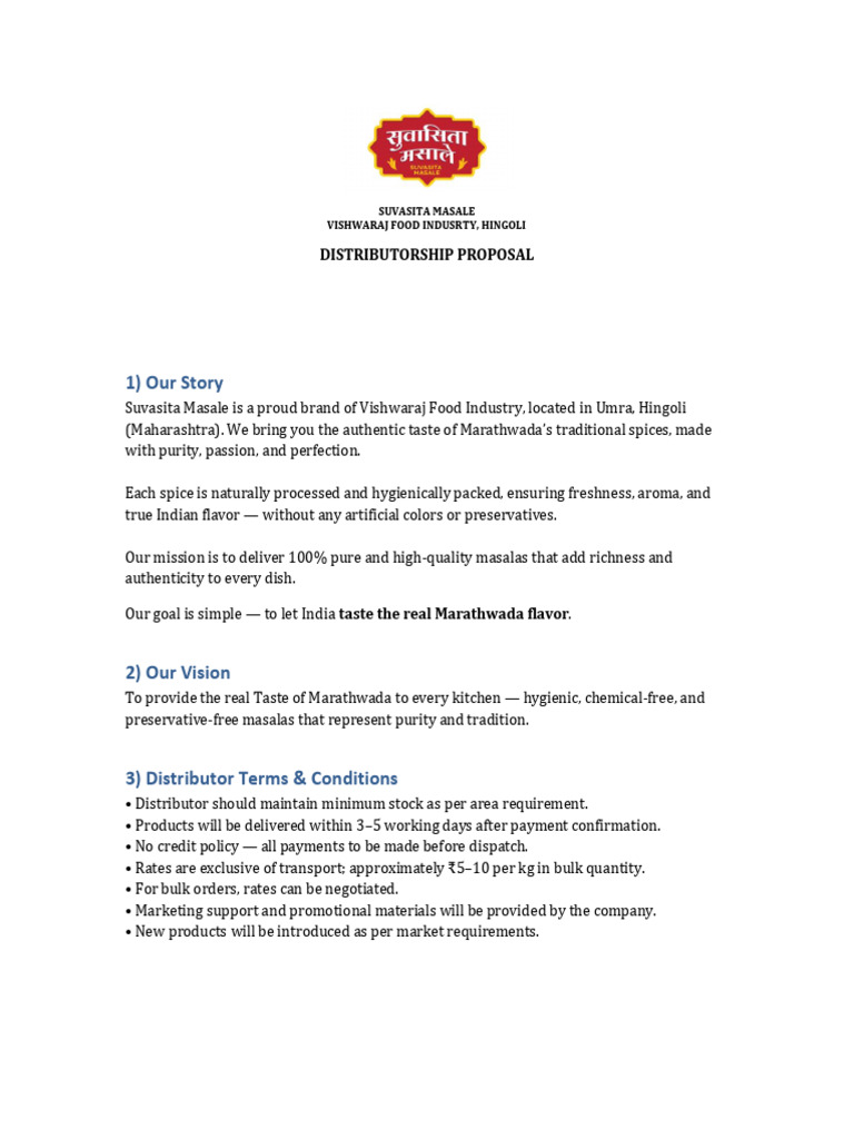 Suvasita Masale Distributorship Final Updated | PDF | Spice | Nutmeg