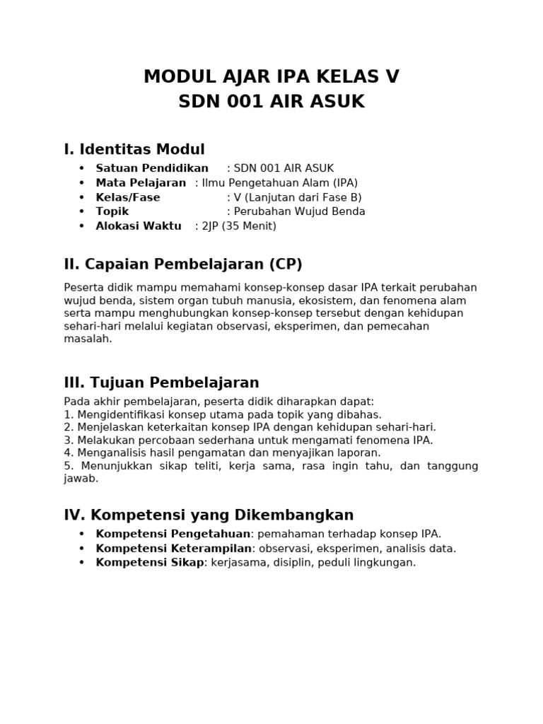 Modul IPA Kelas V: Perubahan Wujud Benda | PDF