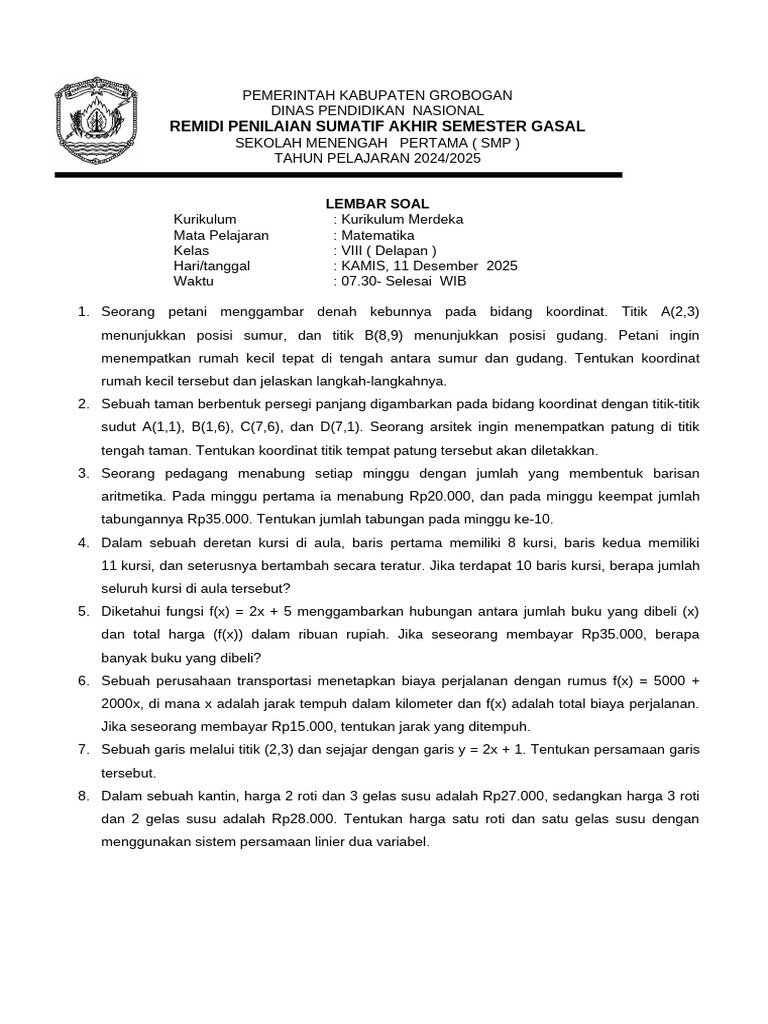 Soal Remidi Matematika SMP Kelas VIII | PDF
