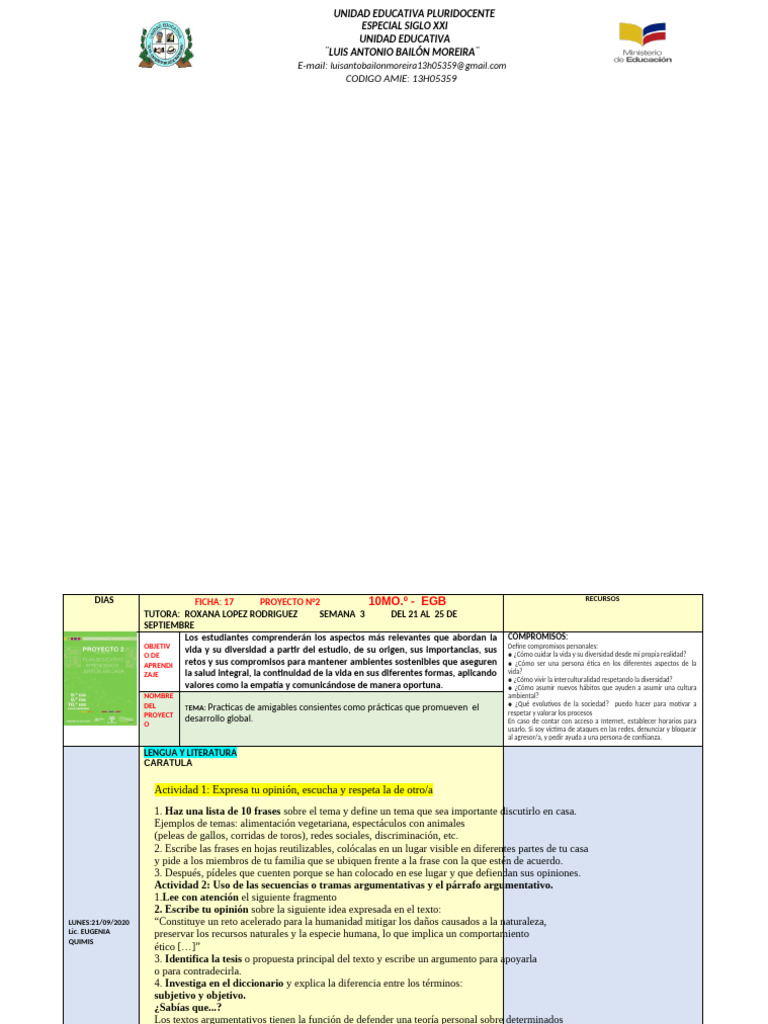AGENDA SEMANAL COMPLETA PROYECTO 2 SEMANA 3 DE 10MO EGB ROXANA | PDF
