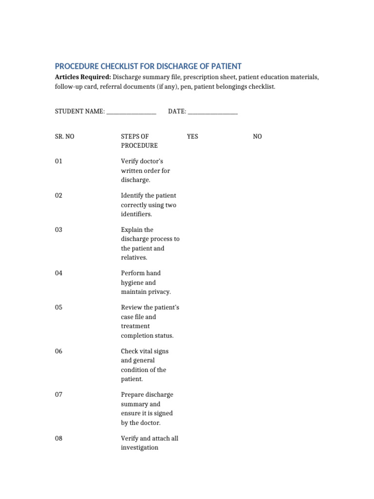 Discharge Procedure Checklist | PDF | Patient | Medical Prescription