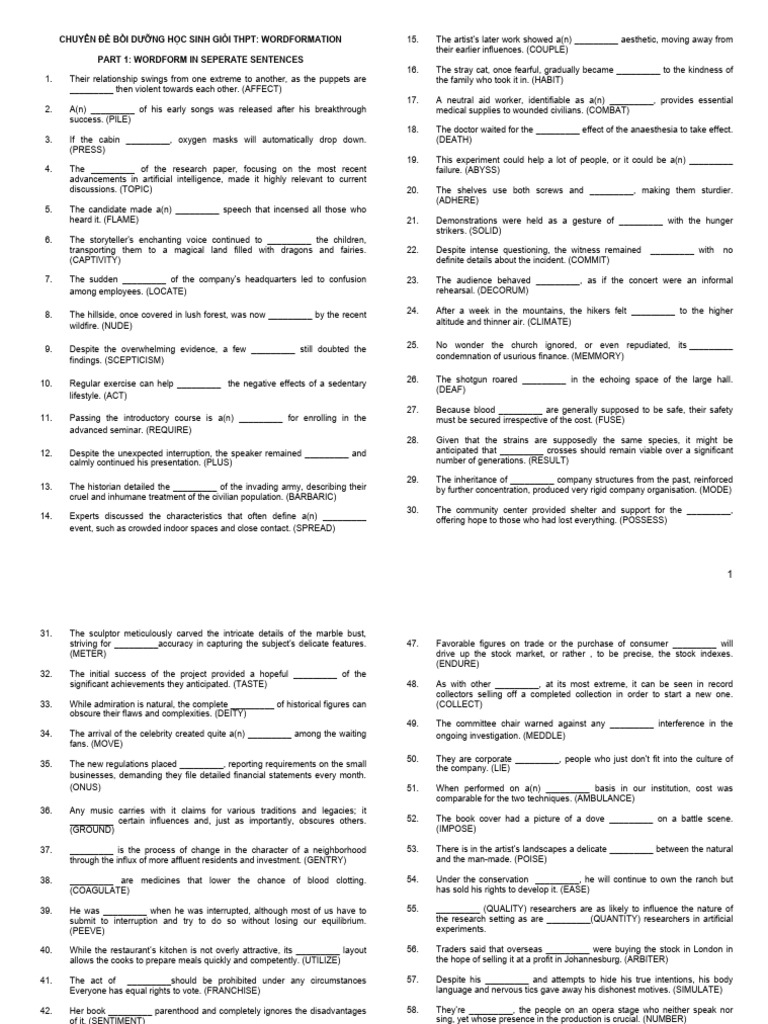 Word Formation Exercises for High School | PDF
