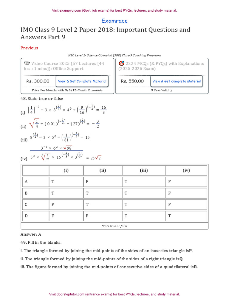 IMO Class 9 Level 2 Paper 2018 Answers | PDF | Triangle | Euclidean ...