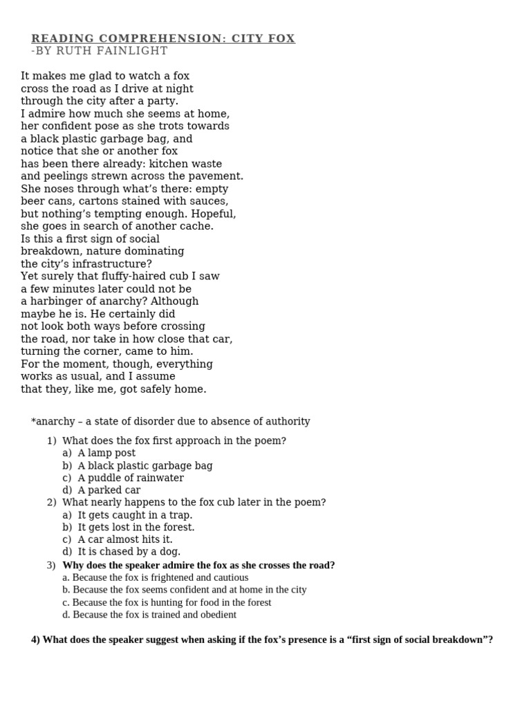 WS 7 & 8 Poem- City Fox QP | PDF | Fox