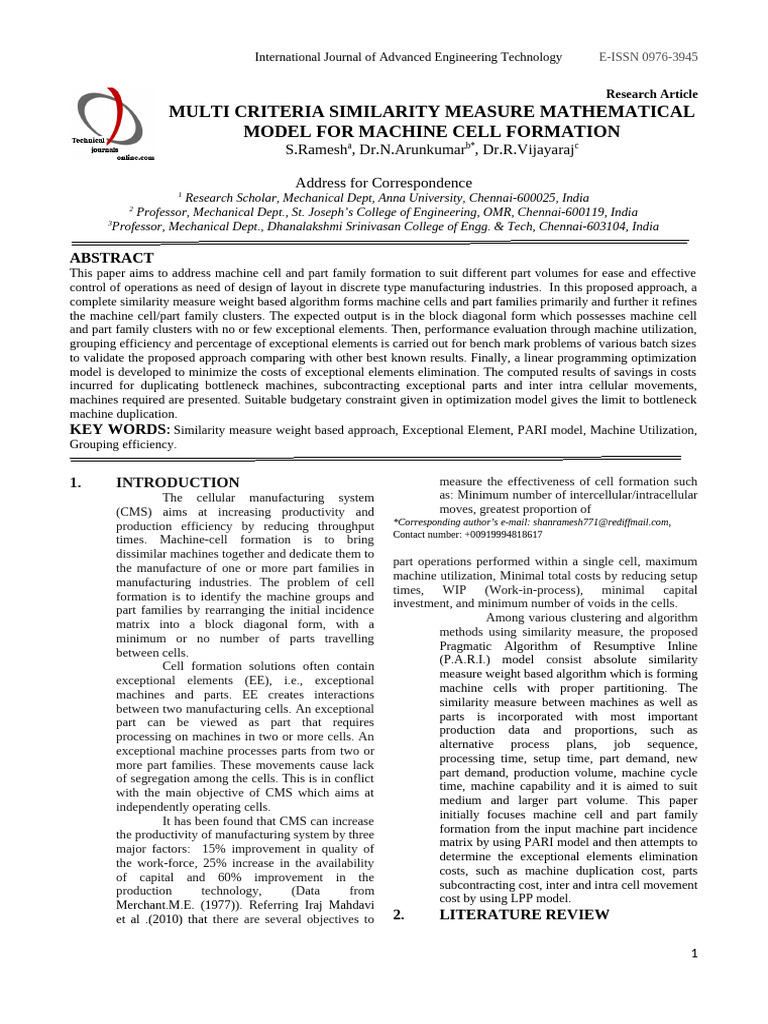Machine Cell Formation Model for CMS | PDF | Matrix (Mathematics ...