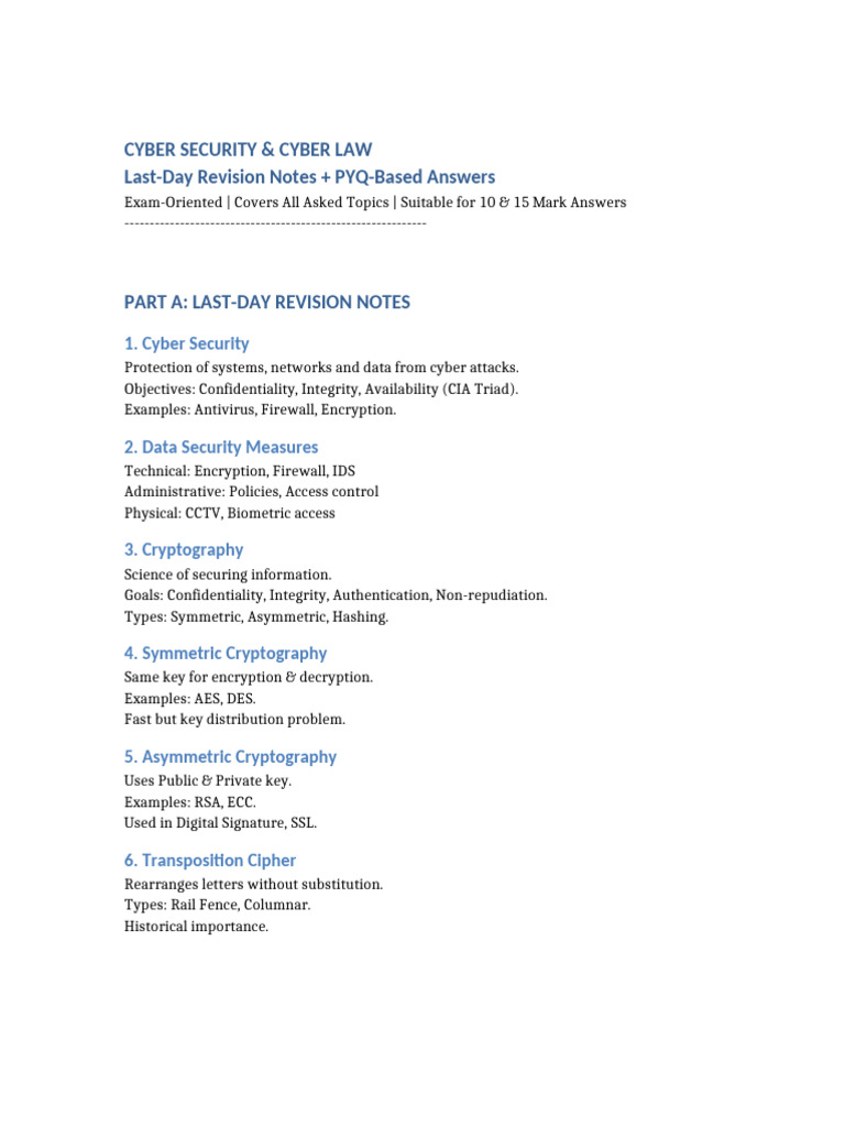 Cyber Security & Law Revision Notes | PDF | Encryption | Public Key ...