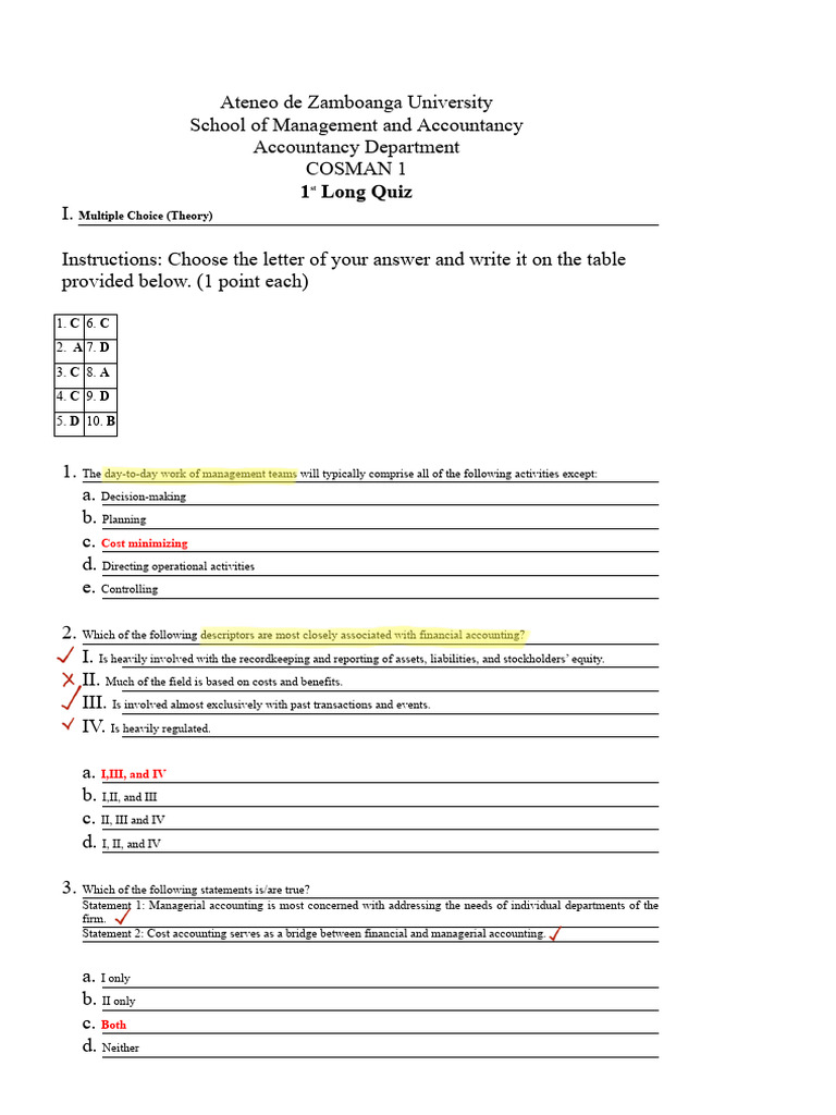 Cosman 1 1st Long Quiz | PDF | Expense | Financial Accounting