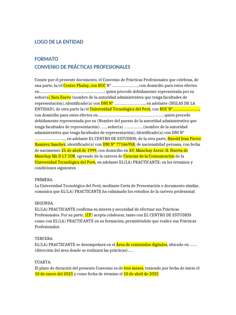 Convenio Practicas Profesionales HAROLD | PDF