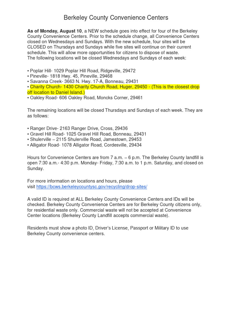 Berkeley County Convenience Center Hours Update | PDF