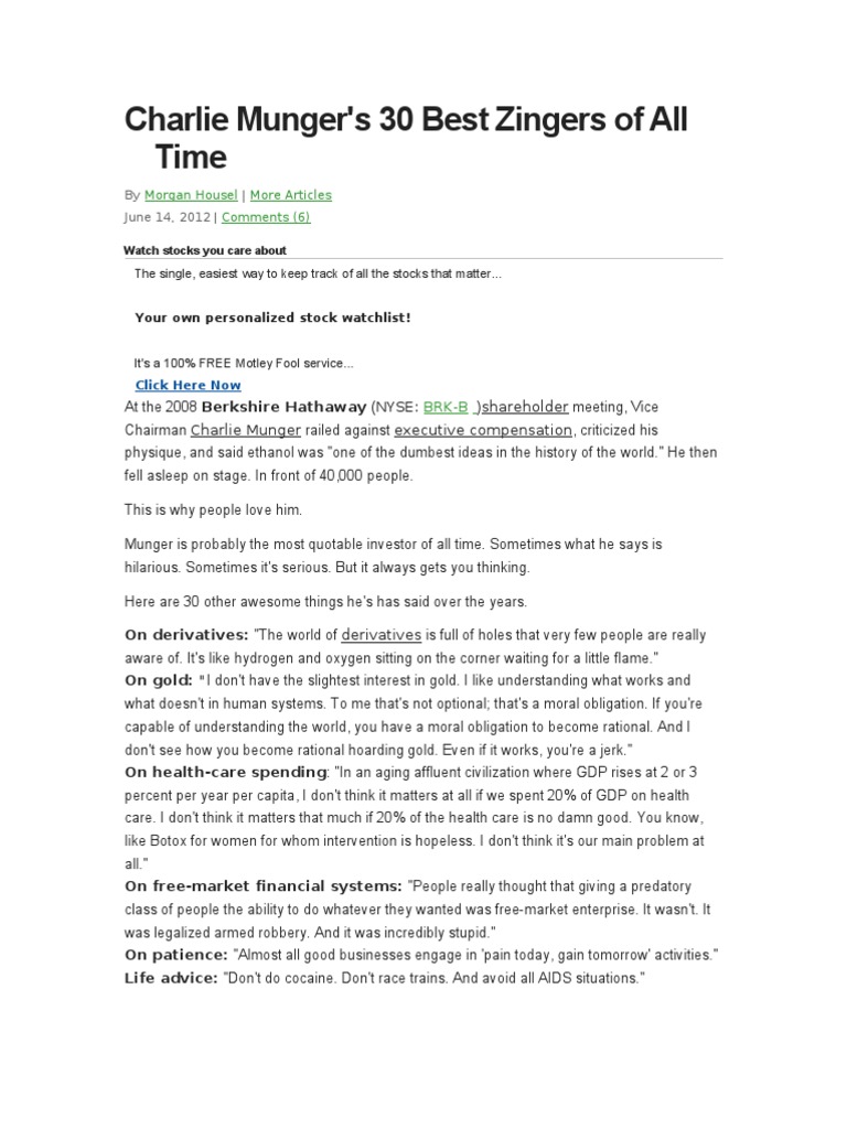 Charlie Mungers 30 Best Zingers of All Time | PDF | Investor | Investing