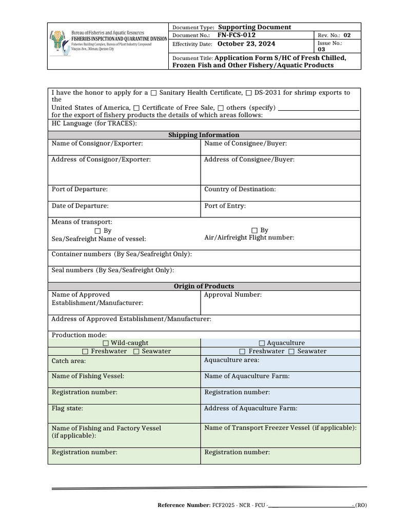 Fish Export Application Form S/HC | PDF | Aquaculture | Fish And Humans