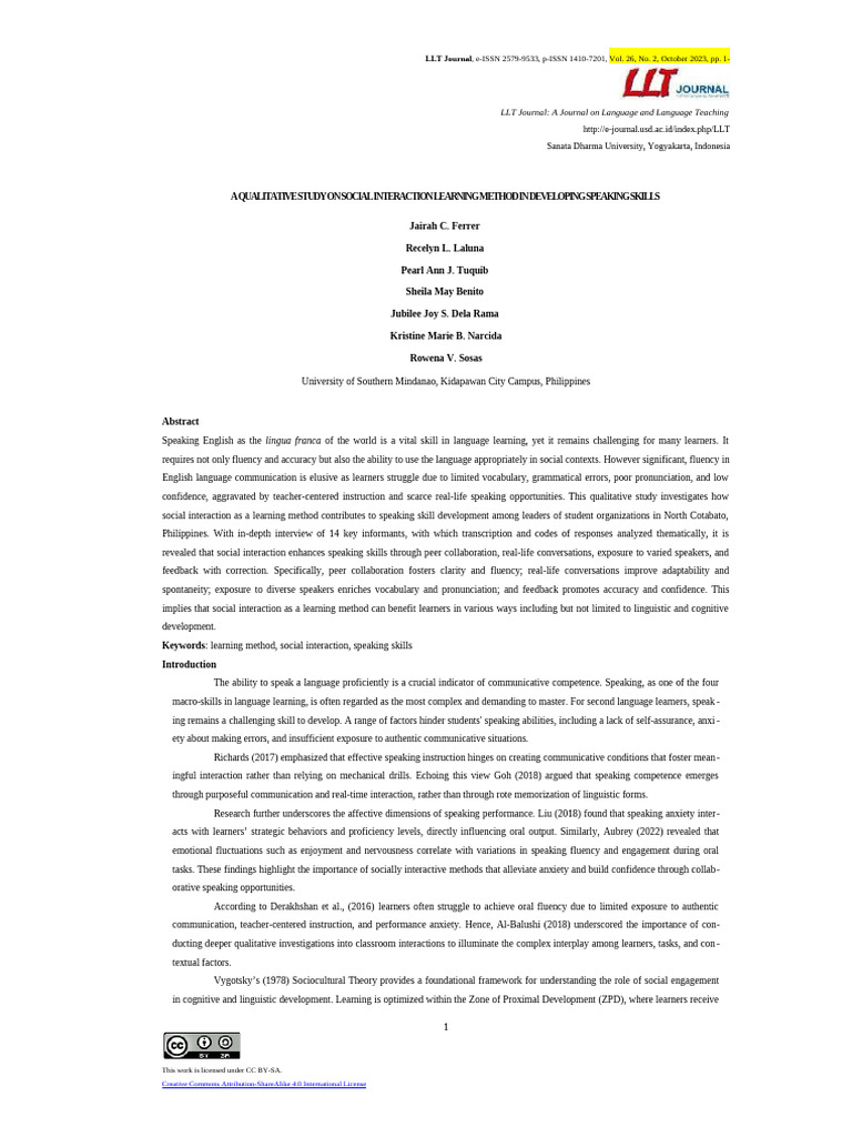 Social Interaction Learning Method in Developing Speaking Skills New ...