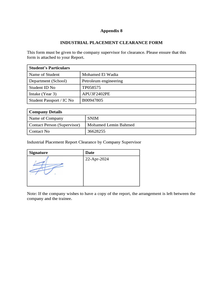 Industrial Placement Clearance Form | PDF