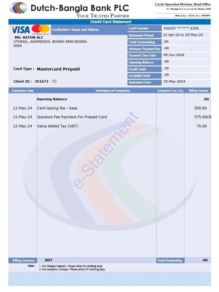 E-Statement of DBBL MasterCard Card For May-2024 | PDF