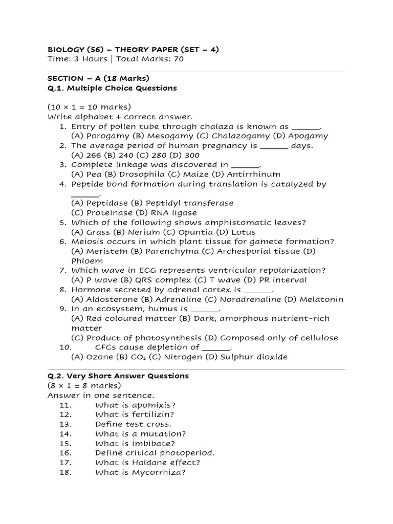 Biology Theory Paper Set 4 Exam Guide | PDF | Biology